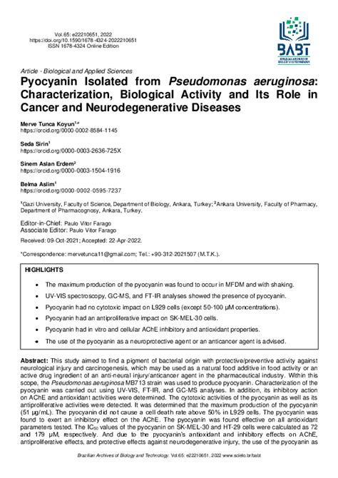 Pdf Pyocyanin Isolated From Pseudomonas Aeruginosa Characterization Biological Activity And