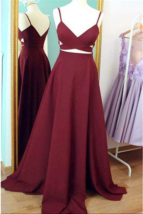 Burgundy Spaghetti Straps Satin Long Prom Dress Evening Dress Cheap