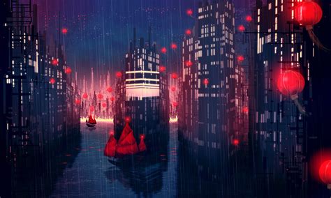 Wallpaper Sailing Ship Night Building Red Reflection Rain