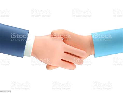 비즈니스 악수의 3d 일러스트 인간의 손을 흔들어 만화 성공적인 계약 거래 개념 계약 파트너십 3차원 형태에 대한 스톡 사진 및
