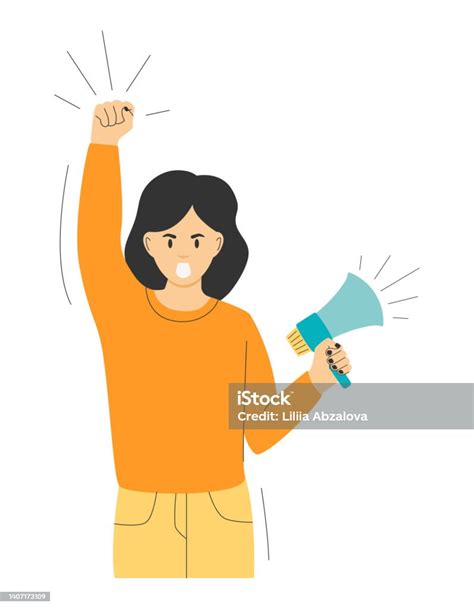 메가폰으로 외치는 소녀 손을 들어 항의하는 확성기를 통해 외치는 젊은 여성 만화에 대한 스톡 벡터 아트 및 기타 이미지 만화 정부 학생 Istock