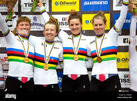 Team USA Celebrates Winning The Womens Team Pursuit At The UCI Track