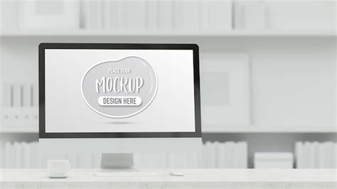 테이블에 모형 화면이있는 데스크톱 컴퓨터 프리미엄 Psd 파일