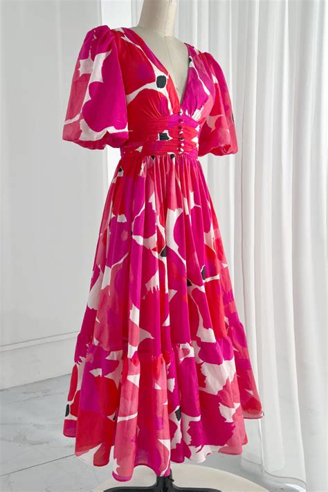 Missjophiel Puff Sleeves V Neck Silk Cutton Midi Dress