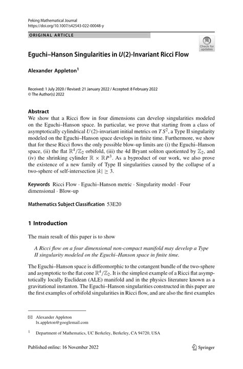 Pdf Eguchihanson Singularities In U2 Invariant Ricci Flow