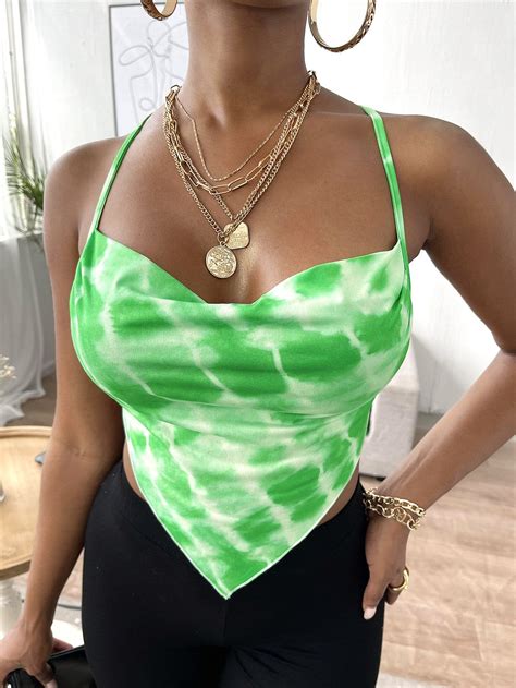 Tie Dye Lace Up Backless Halter Top Tops Backless Halter Top Womens