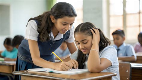 Schoolgirl Helping Classmate With Studies In Classroom Photo  Free