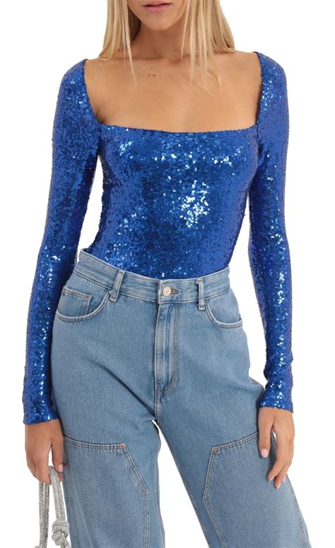 Aislin Sequin Long Sleeve Bodysuit In Blue Lucy In The Sky