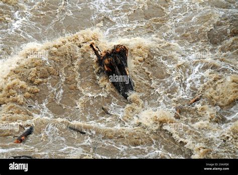 Treibholz In Der Gischt Wassermassen Bei Hochwasser Tosbecken An Der