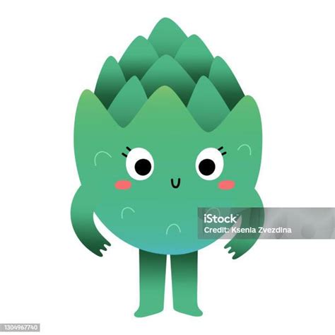 귀여운 아티초크 캐릭터 아이들을위한 건강한 녹색 야채 마스코트 재미있는 얼굴 표정과 가와이 만화 채소 캐릭터 벡터 일러스트 고립