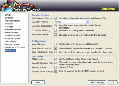 V540 Options Advanced Newsbin