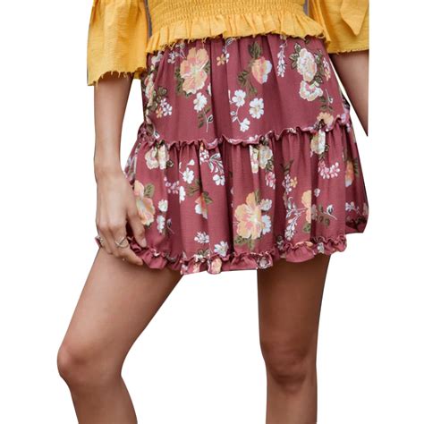 Boho Floral Printed Mini Skirt Women Elastic Waist Hight Waist Ruffle Short Skirts A Line Casual