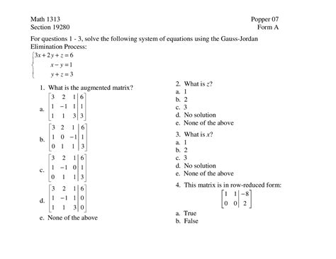 Practice Exam On Finite Mathematics With Applications Math 1313 Exams Mathematics Docsity