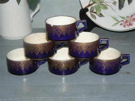 6 Tasses A Cafe Sarreguemines Bleues Avec Frise En Dorure Fin 19eme Eur