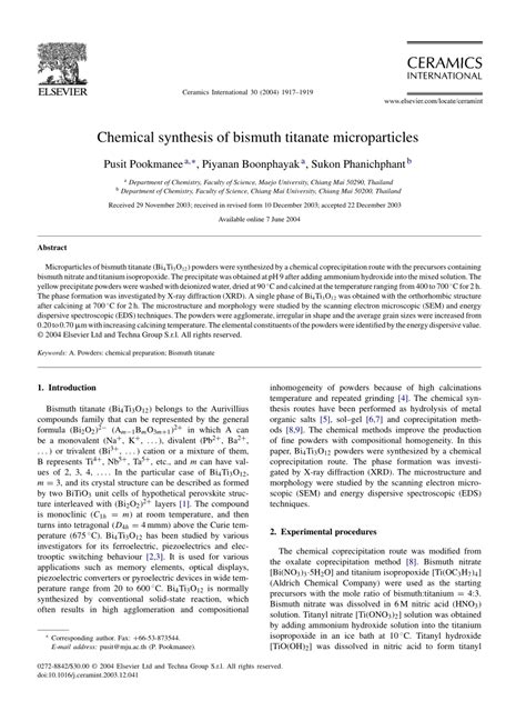 Pdf Chemical Synthesis Of Bismuth Titanate Microparticles