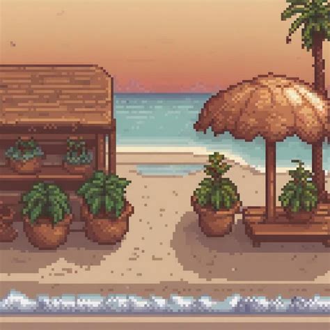 Pixel Art Depicting A Serene Beach With A Quaint Hut And Palm Trees