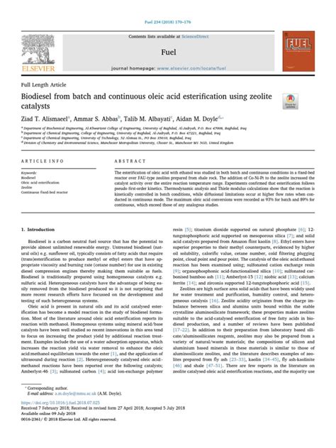 Biodiesel From Batch And Continuous Oleic Acid Esterification Using Zeolite Catalysts Pdf
