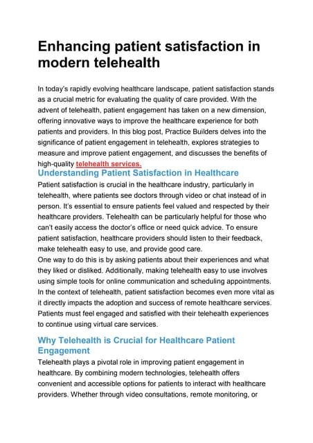 Enhancing Patient Satisfaction In Modern Telehealth Practice Builders