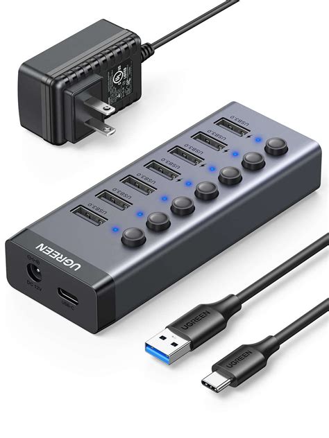 موزع منافذ شحن Ugreen 90307 Usb C To 7 Port Usb A 3 0 Hub Dc 12v Eu