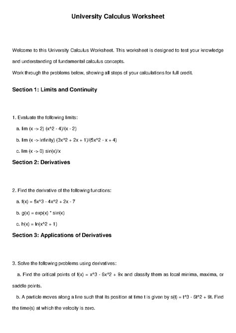 Calculus Worksheet 1 This Worksheet Is Designed To Test Your