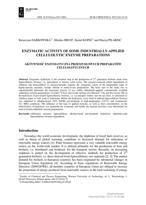 Pdf Enzymatic Activity Of Some Industrially Applied Cellulolytic