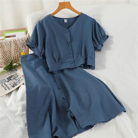 Vintage Two Piece Set Women Casual V Neck Short Sleeve Tops And High Waist Skirt Female Elegant