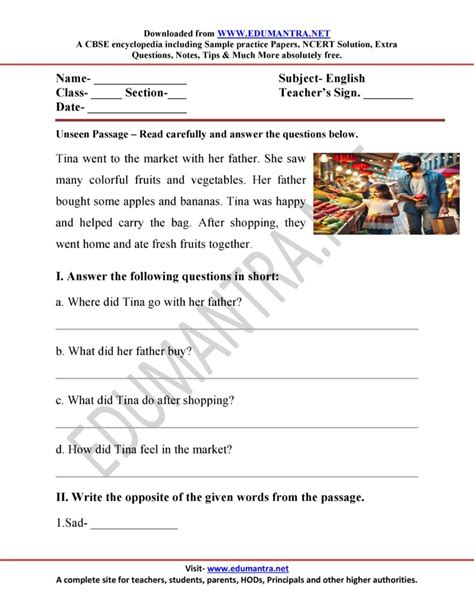 50 Best English Comprehension Class 2 Passages With Answers Mcq