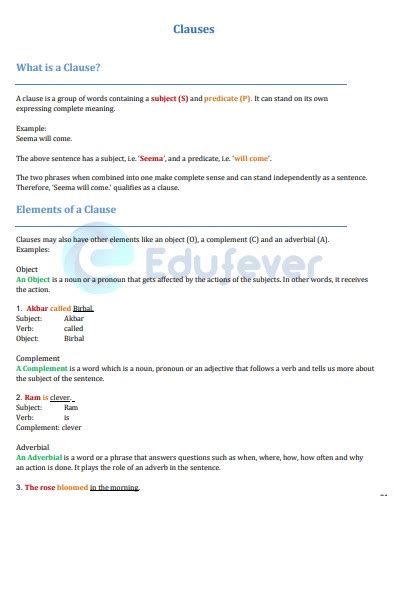 CBSE Class English Grammar Clauses Worksheets