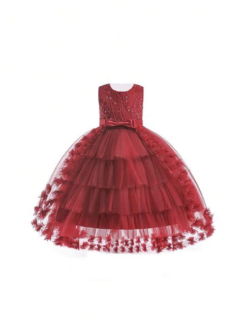 Tween Girl Formal Dress With Train Lace And Layered Tulle Full Skirt For