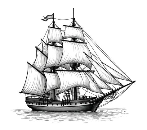 Sailing Ship Engraving Illustration On White Background Hand Drawn