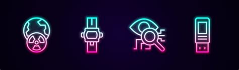 행성 지구 및 방사선 손목 시계 눈 스캔 및 Usb 플래시 드라이브를 설정합니다 빛나는 네온 아이콘입니다 벡터 Usb 케이블에