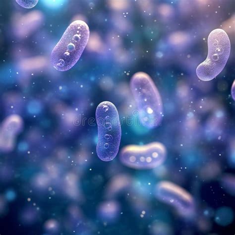 Microscopic View Of Bacteria Microorganisms Or Virus Cells Floating In A Blue Fluid Stock