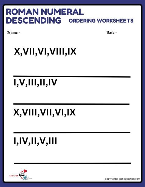 Roman Numeral Number Descending Ordering Worksheets For Grade 3 V2