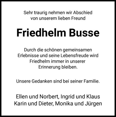 Traueranzeigen Von Friedhelm Busse Trauer Hna De