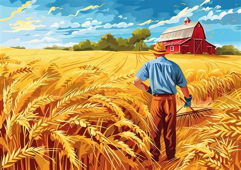푸른 하늘 아래 붉은 헛간이 내려다보이는 황금빛 밀밭에 농부가 서 있다 농장주 밀 필드 배경 일러스트 및 사진 무료 다운로드 Pngtree
