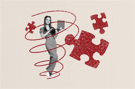 Composite Artwork Collage Image Picture Of Girl Use Laptop Puzzle Pieces Isolated On Creative