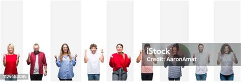 흰색 줄무늬 위에 다른 민족 학술 젊은 사람들의 콜라주는 승리 미소를 축 하 상승 팔과 성공을 위해 흥분 고립 된 배경 승자 개념입니다 구도에 대한 스톡 사진 및 기타