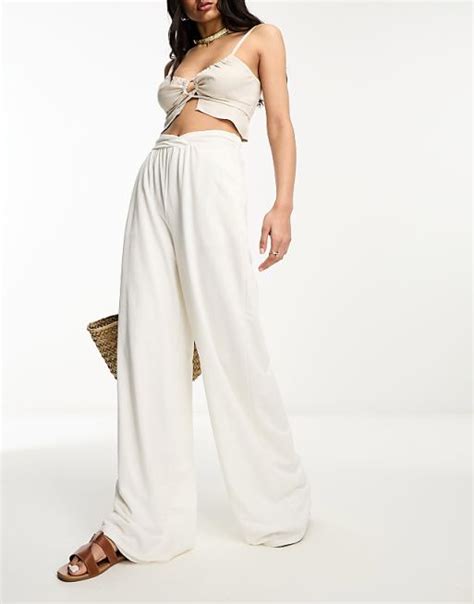 Asos Design Linen Look Wide Leg Pants In White Asos