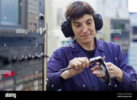 Worker Measuring With Caliper Area Automated Cnc Lathes Machined