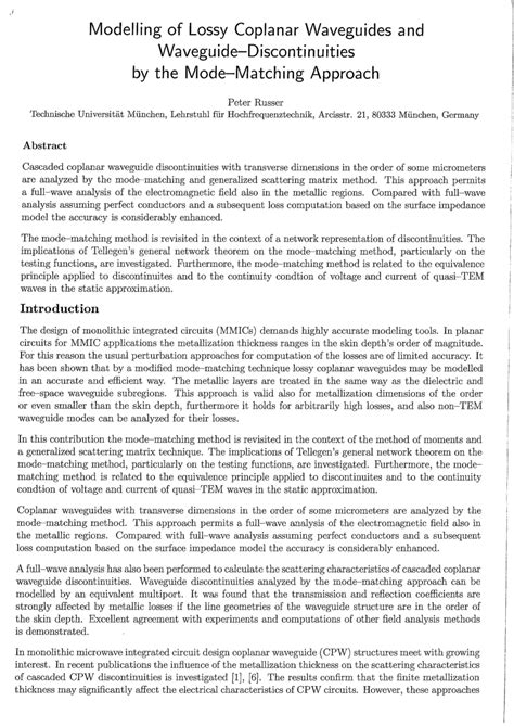 Pdf Modelling Of Lossy Coplanar Waveguides And Waveguide