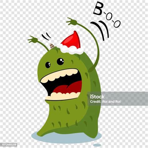 빨간 산타 모자에 만화 크리스마스 괴물입니다 벡터 일러스트 투명 한 배경에 고립입니다 공휴일에 대한 스톡 벡터 아트 및 기타