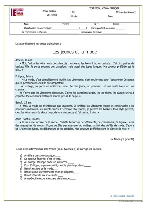 Test D Valuation Fran Ais Fle Fiches Pedagogiques Pdf Doc The