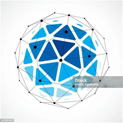 3d 벡터 낮은 폴 리 구형 개체 검정색 연결 된 선과 점 기하학적 파란색 와이어 프레임 모양 삼각 깎인 면으로 작성 된 원근 Orb 3차원 형태에 대한 스톡 벡터 아트 및