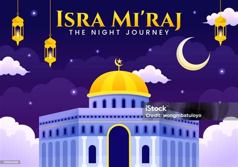 Isra Miraj 벡터 일러스트 레이 션 번역 밤의 여행 예언자 무함마드 이슬람 휴일 평면 만화 배경에 모스크와 랜턴 공휴일에
