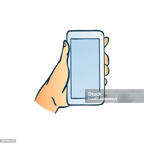 手持智慧手機與空白觸控式螢幕在素描風格的白色背景隔離向量圖形及更多互聯網圖片 互聯網 人 人手 Istock