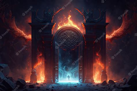 Premium Photo Mystical Space With Hellish Flames And Burning Gates To