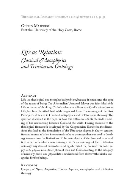 Pdf Life As Relatio Classical Metaphysics And Trinitarian Ontology