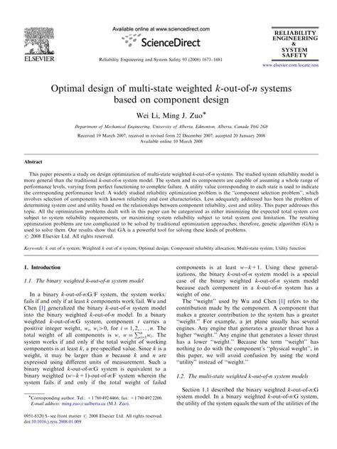 Pdf Optimal Design Of Multi State Weighted K Out Of N Systems Based