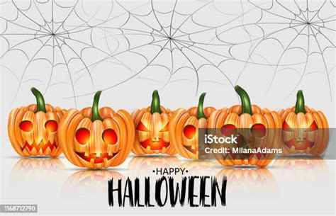 背景にグリウの顔とクモの巣とオレンジ色のカボチャとハッピーハロウィーンのデザインベクトルイラストレーション おやつのベクターアート素材や