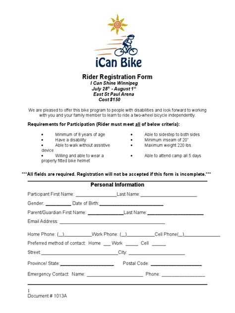 Rider Registration Form I Can Shine Winnipeg Pdf Road Transport
